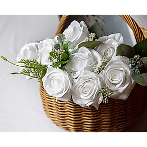 DuHouse 10pcs Fake Roses Artificial Silk Flowers Faux Rose Flower Long Stems Bouquet for Arrangement Wedding Centerpiece Party Home Kitchen Decor (Pure White)