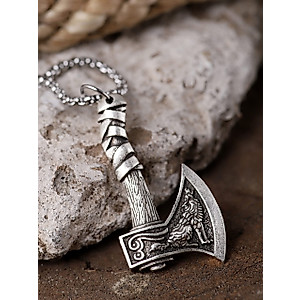 HAQUIL Viking Battle Axe Necklace, Wolf Raven Axe Amulet Pendant, Stainless Steel Box Chain, Authentic Viking Jewelry Men (AD)