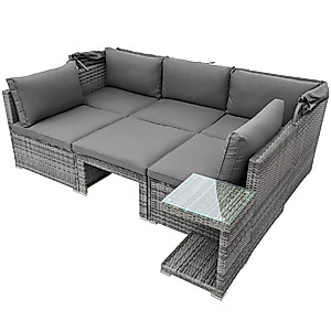 BIADNBZ 5 Pieces Wicker Patio Furniture Set, Outdoor Sectional Sofa PE Rattan Daybed with Retractable Canopy and Tempered Glass Side Table for Garden Poolside Backyard, Gray