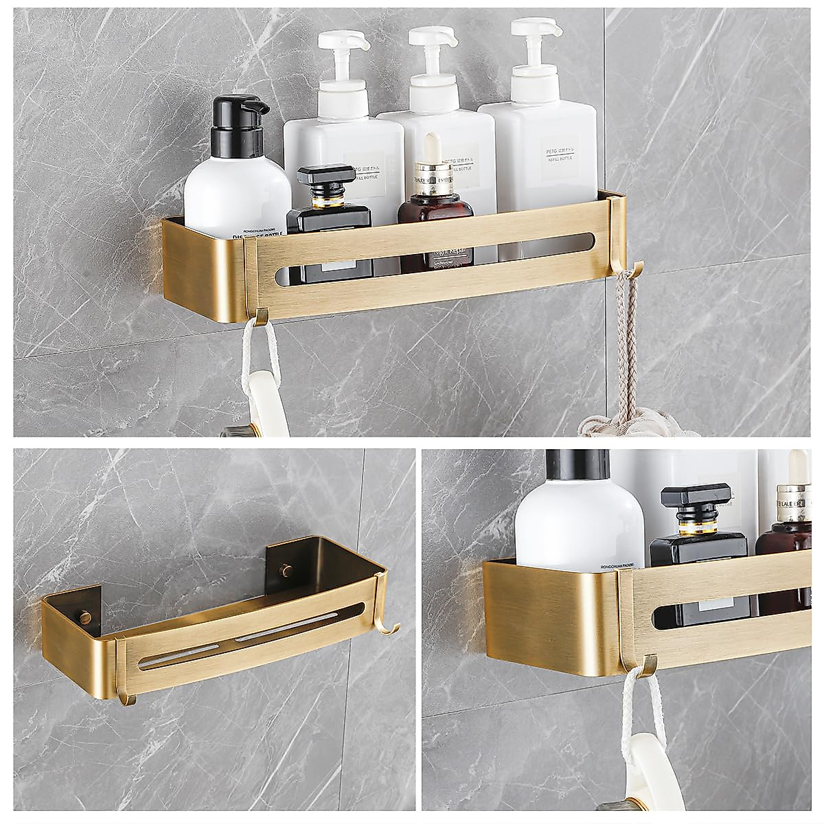 Bathroom Organizer Shelf Shower Caddy Shampoo Holder with Removable Hooks Rustproof Antique Brass Color