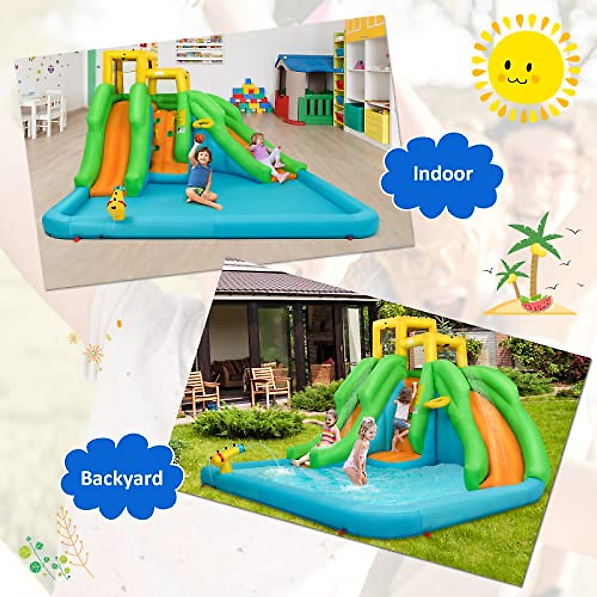HONEY JOY Inflatable Water Slide, 6 in 1 Kids Bouncer Water Park w/Climbing Wall & 2 Long Slides, Splash Pool, Water Cannons, Indoor Outdoor Blow Up Water Slides for Backyard(Without Blower)