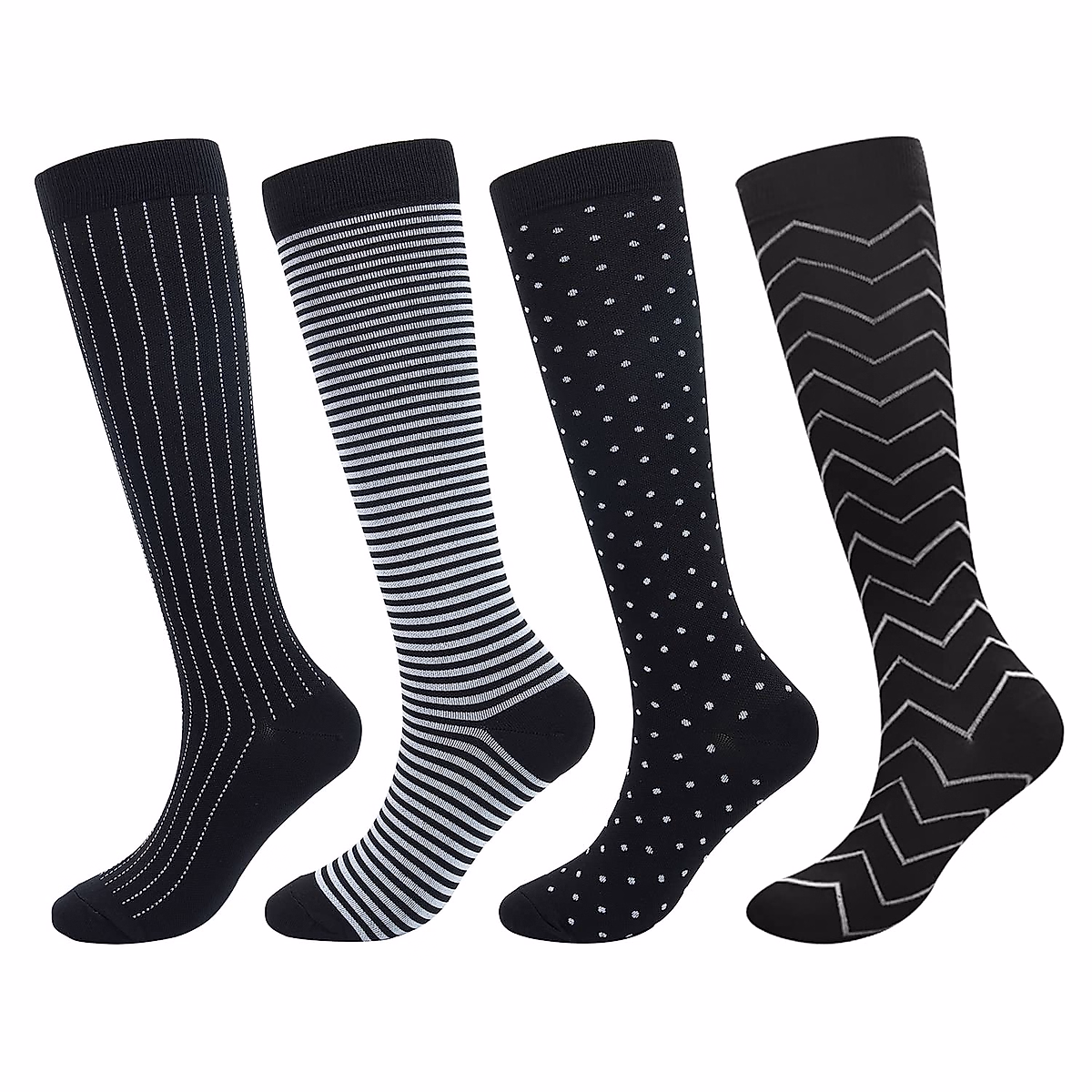 Compression Socks for Women & Men 20-30mmgh Knee High Socks for Running Nurse Travel 4-Pairs Striped Polka Dot