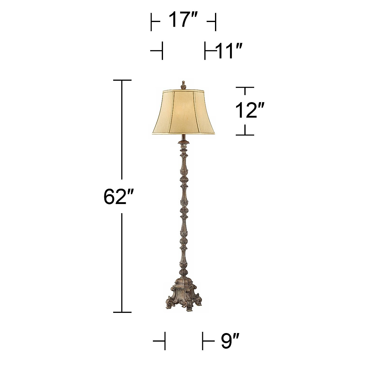 Regency Hill Rustic French Country Traditional Style Floor Lamp Standing 62" Tall Faux Wood Antique Candlestick Beige Silk Fabric Bell Shade Decor for Living Room Reading House Bedroom Home
