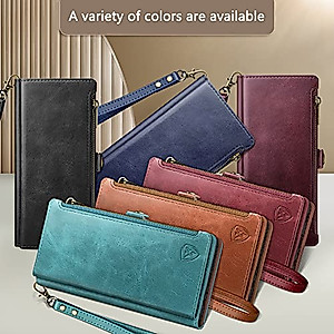 XcaseBar for Samsung Galaxy S22 Ultra Wallet case with Zipper 【RFID Blocking】 Credit Card Holder, Flip Folio Book PU Leather Phone case Shockproof Cover Women Men for Samsung S22Ultra case Blue Green