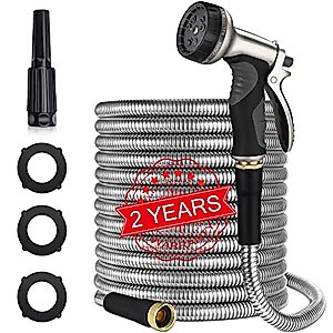 50ft Stainless Steel Metal Garden Hose Heavy Duty Metal Hose with 9 Function Metal Hose Nozzle Flexible, Lightweight, Kink Free & Tangle Free, Pet Proof, Puncture Proof Hose for Yard, Outdoor