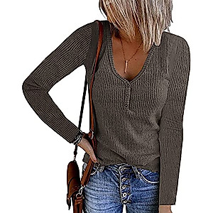 Women's Casual Solid Color Ribbed Top Long Sleeve V-Neck Pullover Knit Shirt Comfy Buttons Slim Workout Plain Blouses Khaki