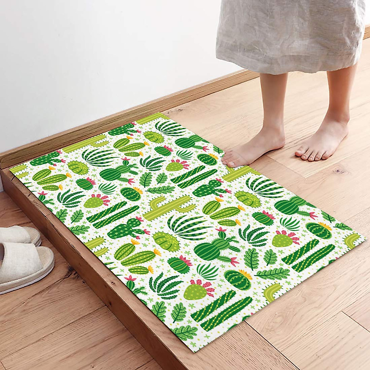 Kitchen Rugs, Cactus Succulent Plants Green Tile Pattern Non Slip Runner Rug Mat for Floor, Kitchen, Bedside, Sink, Office, Laundry, Set of 2