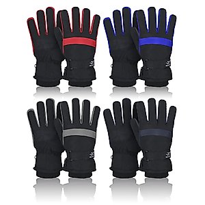 Eurzom 4 Pairs Kids Winter Ski Snow Gloves Waterproof and Windproof Adjustable Gloves for Kids, 4 Colors (Red, Blue, Bright Blue, Gray, 8-15 Years)