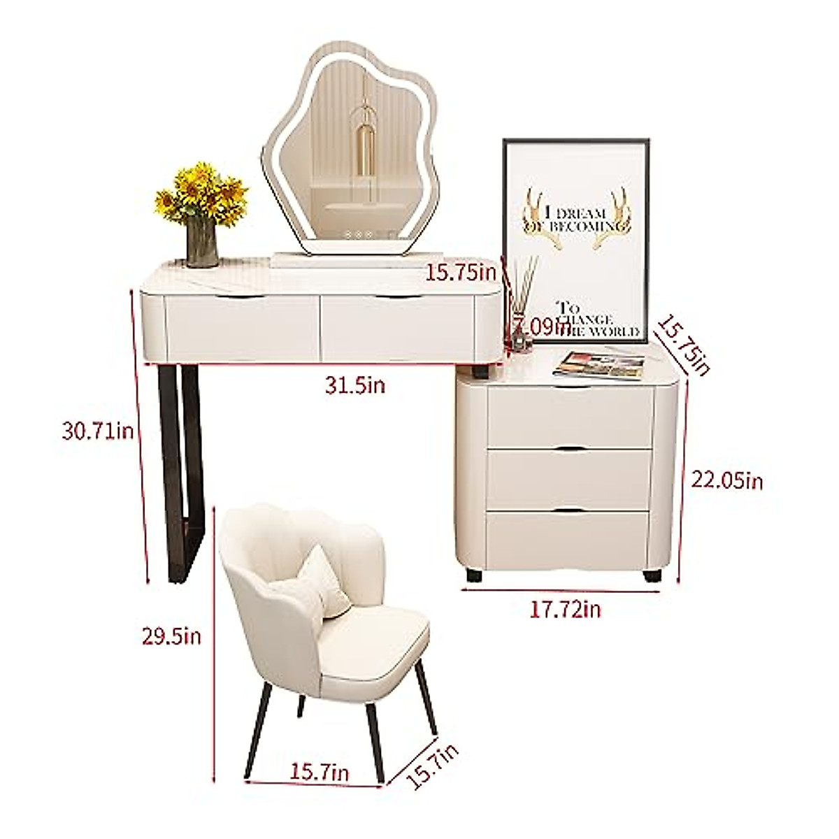Hunlyman Makeup Vanity Desk, Modern Style Makeup Table Made of Solid Wood,Including Rotatable/Removable Touch Screen HD LED Mirror(3-Brigntness) and Soft Chair,Family Bedroom (31 Inch/80CM)