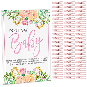 Sparkle and Bash Floral Baby Shower Clothespin Game For Girl, Don't Say Baby Theme with 60 Pink Clothes Pins and 8x10-Inch Sign