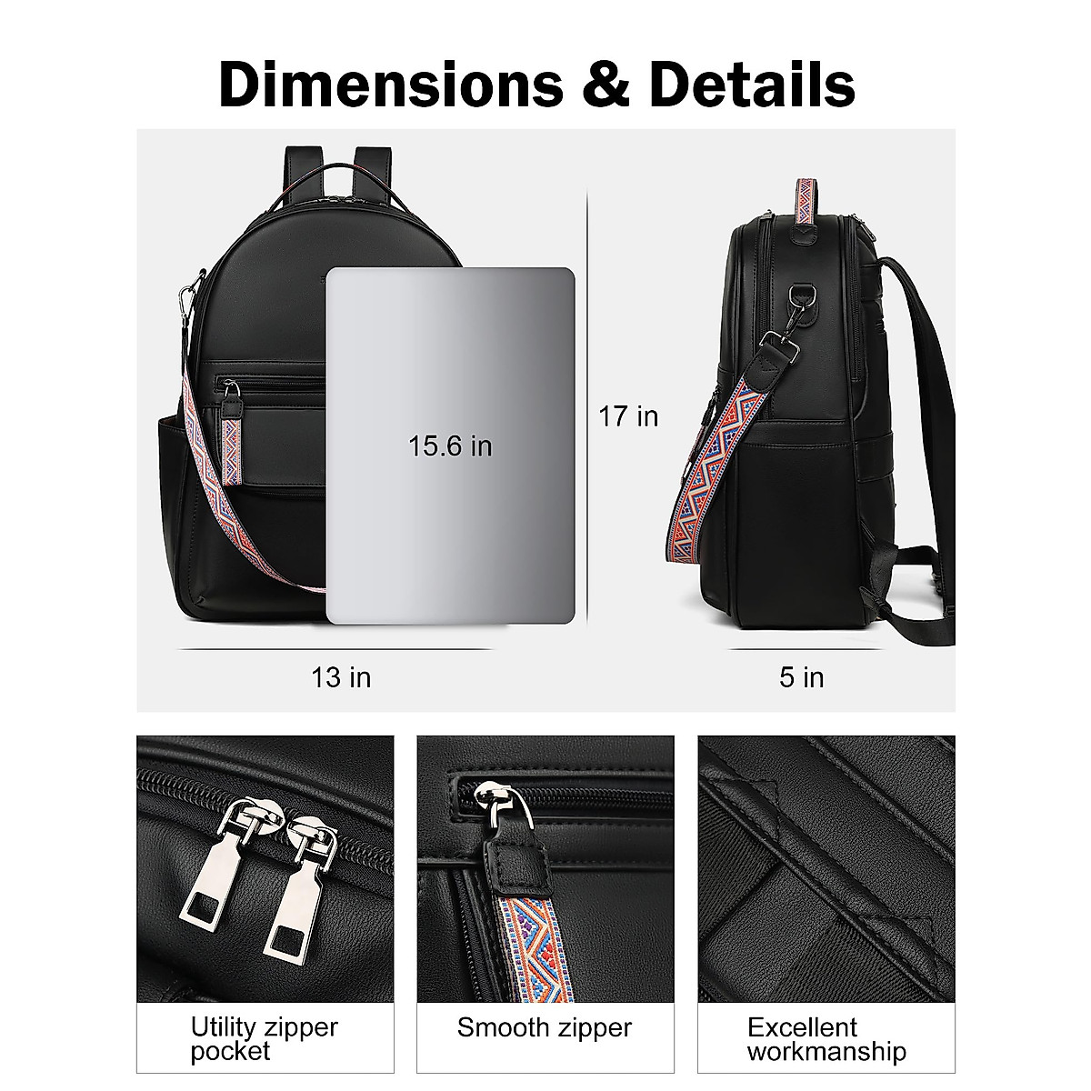 FADEON Leather Laptop Backpack for Women PU Computer Backpacks, Designer Travel Back Pack Purse with Laptop Compartment Black