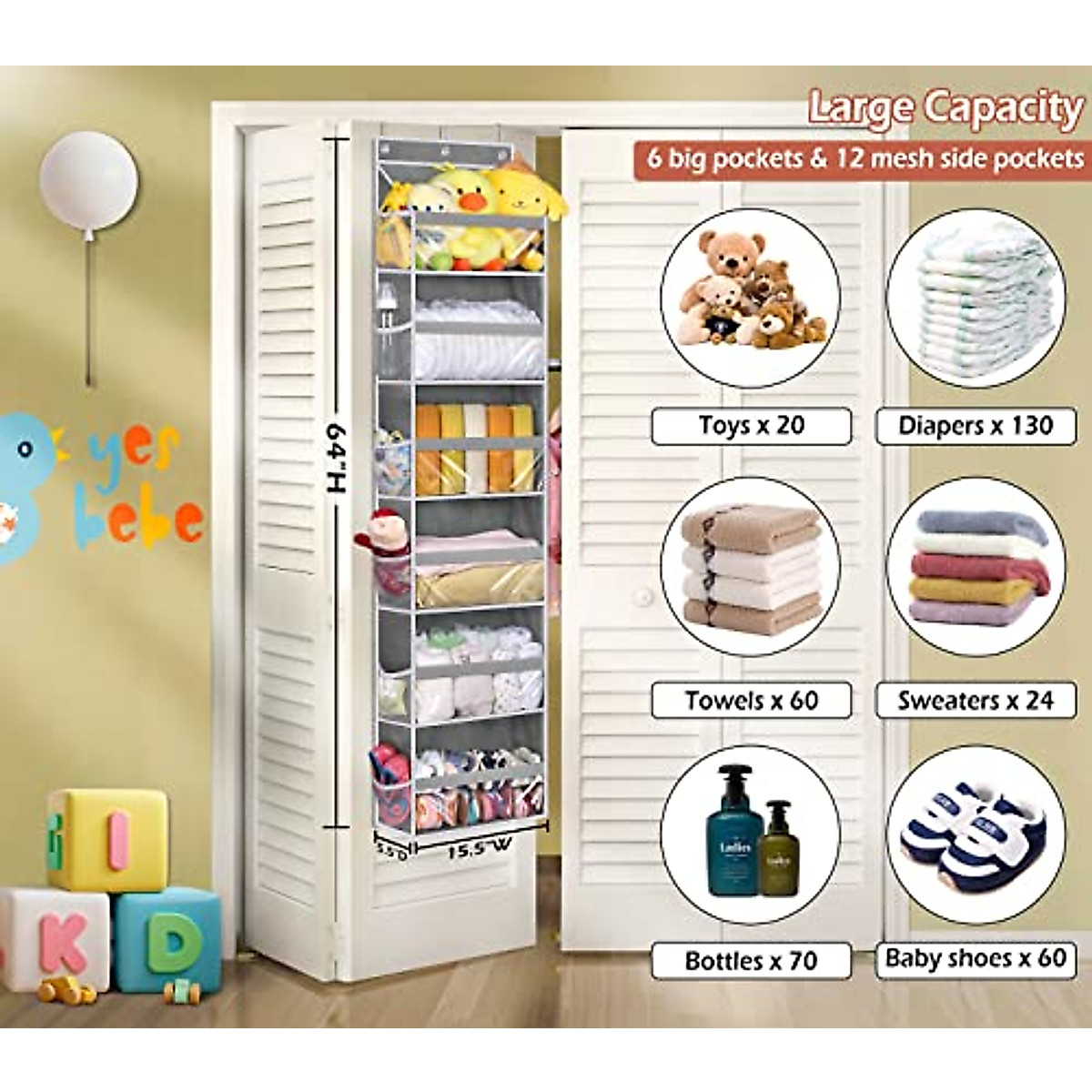 MISSLO 6 Shelves Over the Door Hanging Organizer + 28 Large Pockets Hanging Shoe Rack Grey