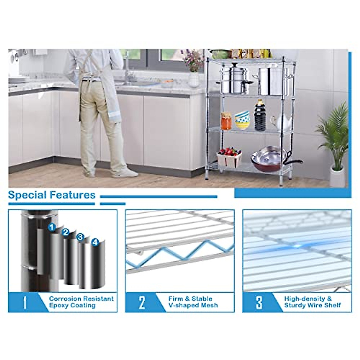 Storage Shelves, 4-Tier Heavy Duty Kitchen Shelves, NSF Certified Height Adjustable Metal Shelf Organizer for Laundry Bathroom Kitchen Office Pantry Organization 1000 LBS Capacity 36"Lx14"Wx54"H