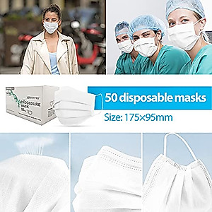 SkyPro 50PCS Medical Grade Procedure Masks, Adult 3 Ply Disposable Hypoallergenic White Face Masks with Elastic Ear Loop Filter Efficiency Greater than 99% Breathable for Hospital
