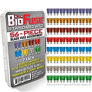 BioFuse Standard ATO 56 Piece Automotive Car Fuse Assortment Pack: Set of 56 ATO Regular Blade Fuses 3A 5A 7.5A 10A 15A 20A 25A 30A (Blade Group: ATO, ATC, ATS, APR)