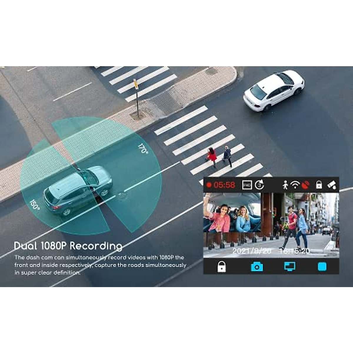 Dual Dash Cam with Built-in GPS, COOAU 1080P Front and Inside WiFi Dash Camera for Cars, Sony Sensor, Supercapacitor, 4 IR Night Vision, G-Sensor, Loop-Recording & Parking Mode (D20)
