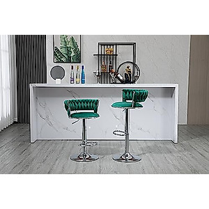Kakotito 360° Velvet Swivel Bar Stools with Low Back & Footrest, Adjustable Counter Barstools, Silver Bar Stool (Set of 2 - Silver Version, Emerald)