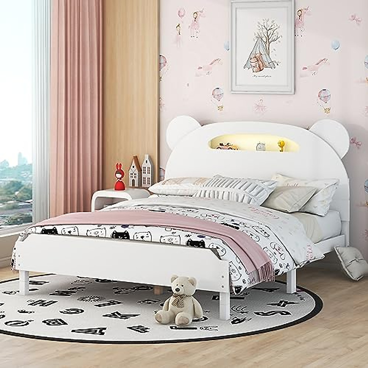 Kids Full Size Platform Bed with Motion Activated Night Lights, Wood Full Bed with Bear-Shaped Headboard, Cute Kids Full Size Bed Frame for Boys Girls (White)