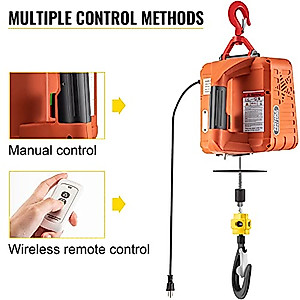 VEVOR Electric Hoist Winch, 1100lbs Portable Electric Winch, 1500W 110V Power Winch Crane, 25ft Lifting Height, w/Wireless Remote Control and Overload Protection for Garages Warehouse Lifting Towing