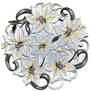 Doily Boutique Easter Place Mat or Doily with White Lily Flowers, Size 15 inches