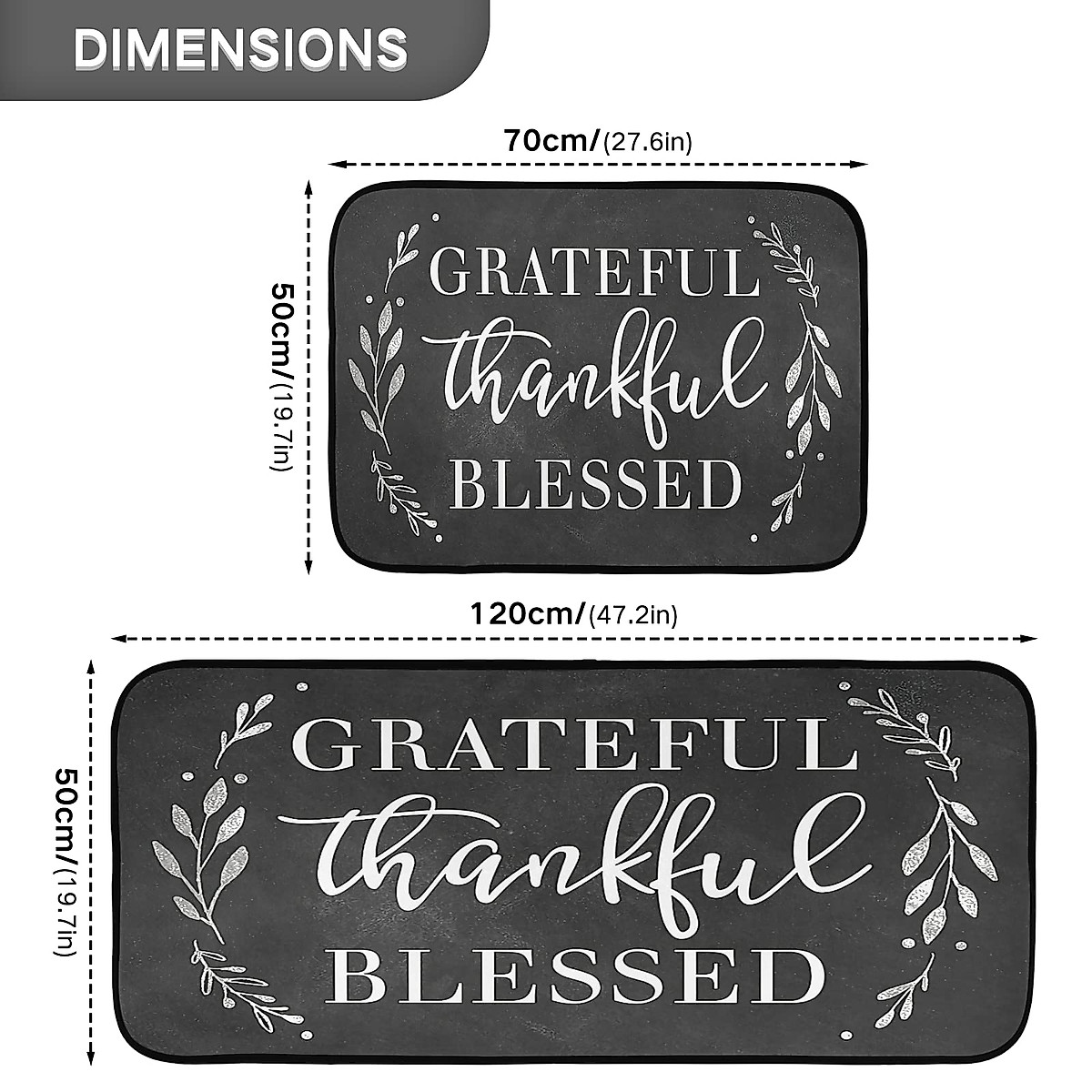 Grateful Thankful Blessed Kitchen Rugs Set 2 Piece Non-Slip Backing Washable Anti-Slip Backing Mat for Doorway Bathroom Runner Rug Carpet Set (19.7*47.2in+19.7*27.6in )