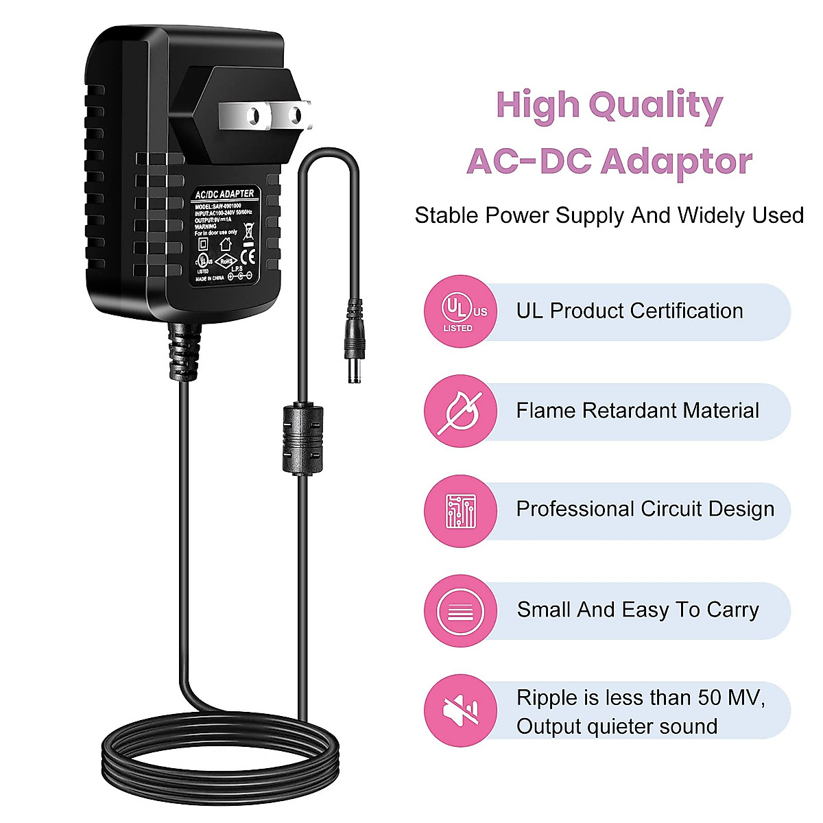 Pigtone Guitar Pedal Power Supply Adapter 9V DC 1A(1000mA) Tip Negative 5 Way Daisy Chain Cables for Effect Pedal