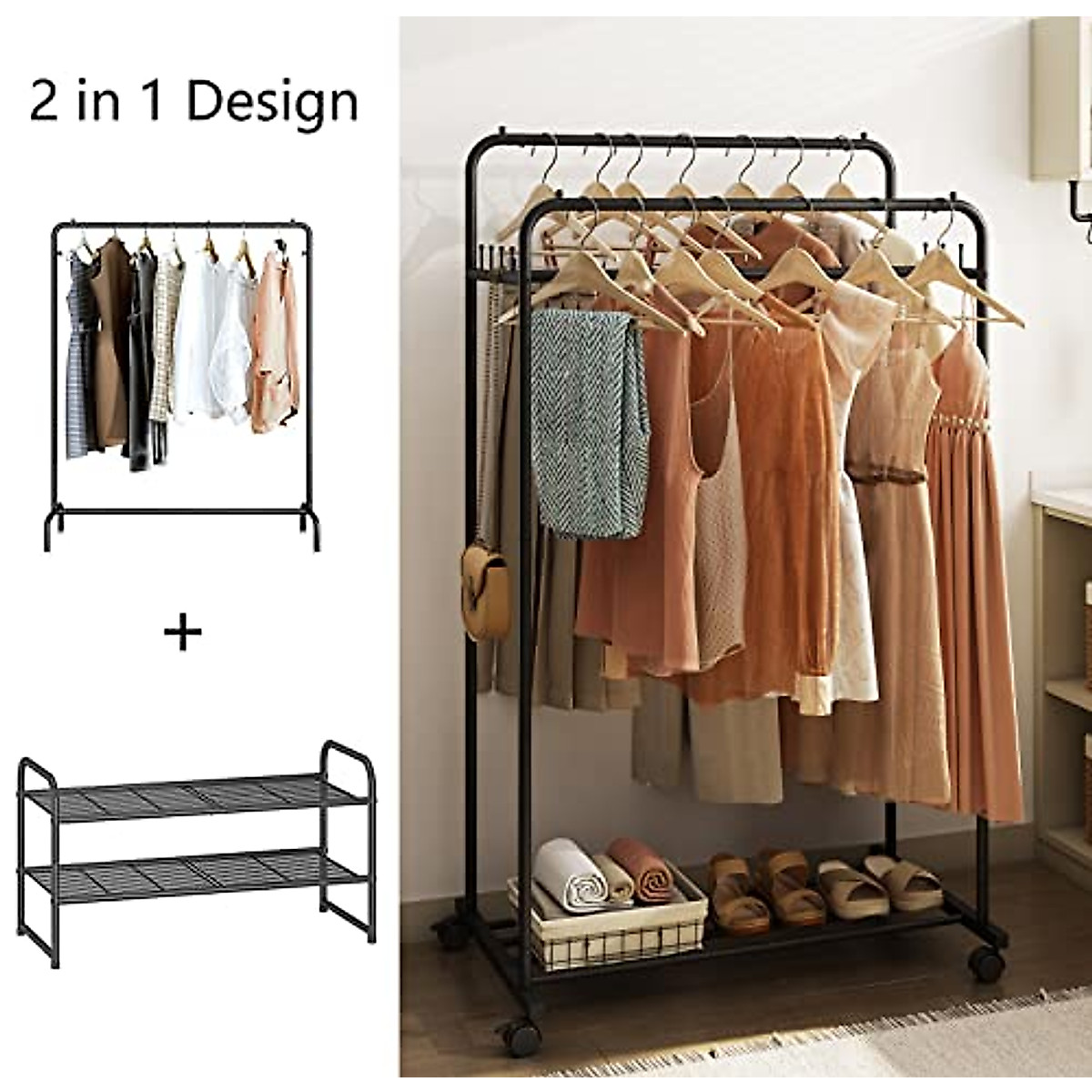 Hoctieon Double Rod Garment Rack,Clothes Rack on Wheels,Portable Clothing Racks for Hanging Clothes,Closet Hanger Rack with Shelves Black