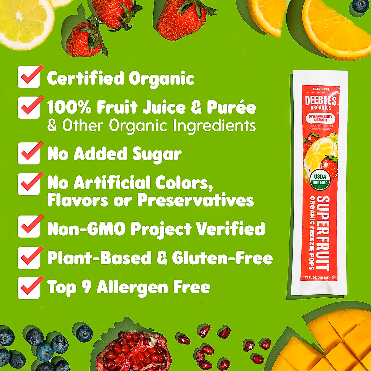 DeeBee's Organics Classic SuperFruit Freezie Pops, No Added Sugars, No Artificial Flavors or Colors Freezer Pops (Pack of 25)