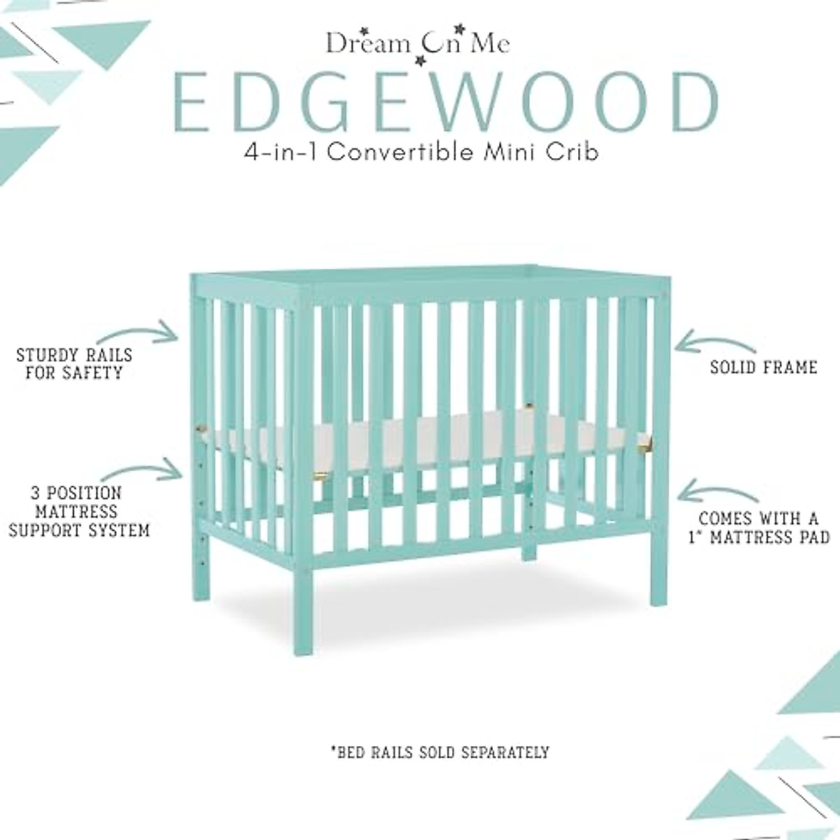 Dream On Me Edgewood 4-In-1 Convertible Mini Crib In Mint, JPMA Certified, Non-Toxic Finish, New Zealand Pinewood, With 3 Mattress Height Settings, Included 1" Mattress Pad