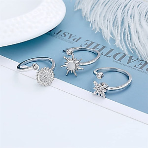 Asymmetric Rotatable Spinner CZ Ring for Women Girls Anti Anxiety Stress Relief Peace Fidget Rings Silver Plating Cute Daisy Sun Star Wrap Open Finger Knuckle Statement Ring Christmas Valentines