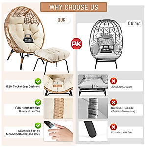 OUTPLATIO 2 Pieces Egg Chair Wicker Patio Egg Chair with Ottoman Rattan Teardrop Cuddle Cocoon Chair for Indoor Outdoor Bedroom Porch Backyard Deck Garden (2 pcs,Beige)