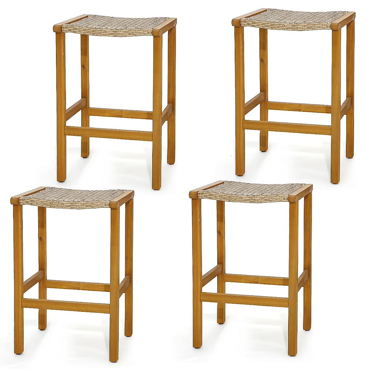 Tangkula Outdoor Bar Stools Set of 4, 30 Inches high Acacia Wood Heavy Duty Bar Height Stools with PE Rattan Saddle Seat, for Patio, Garden, Poolside and Balcony, Teak