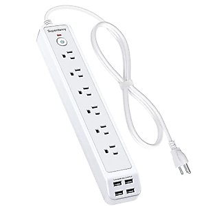Power Strip, SUPERDANNY 6 Outlets 4 USB Ports Surge Protector, Wall Mountable, 5ft Extension Cord with Hook & Loop Fastener, Charging Station for iPhone iPad PC Home Office Dorm Travel, White