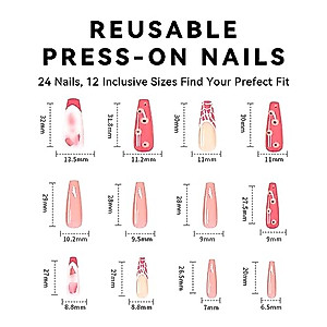 Halloween Fake Nails Long Coffin Press on Nails with Pink White Spooky Ghost Spider Web Eyeballs Blood Drops Glue on Nail Designs Artificial French Tips Full Cover on Nails for Women and Girls 24 Pcs