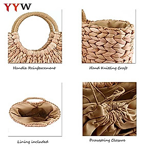 Summer Rattan Bag for Women Straw Hand-woven Top-handle Handbag Beach Sea Straw Rattan Tote Clutch Bags (Khaki)