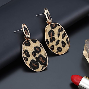 Leopard Print Earrings Lightweight Geometric Faux Leather Drop Dangle Earring Statement Animal Print Stud Earring For Women (brown leopard)