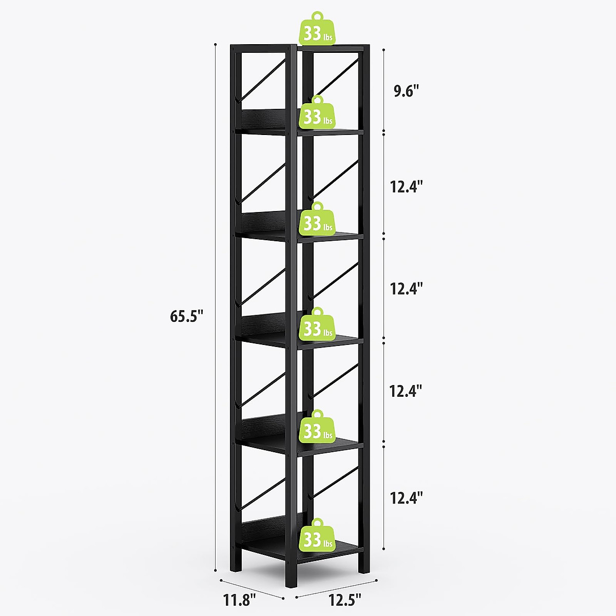 ZERDER 6 Tier Tall Bookcase Shelf, Narrow Bookshelf, Storage Organizer for Books,Movies and CDs, Modern Book Shelf for Bedroom, Living Room and Home Office,Black