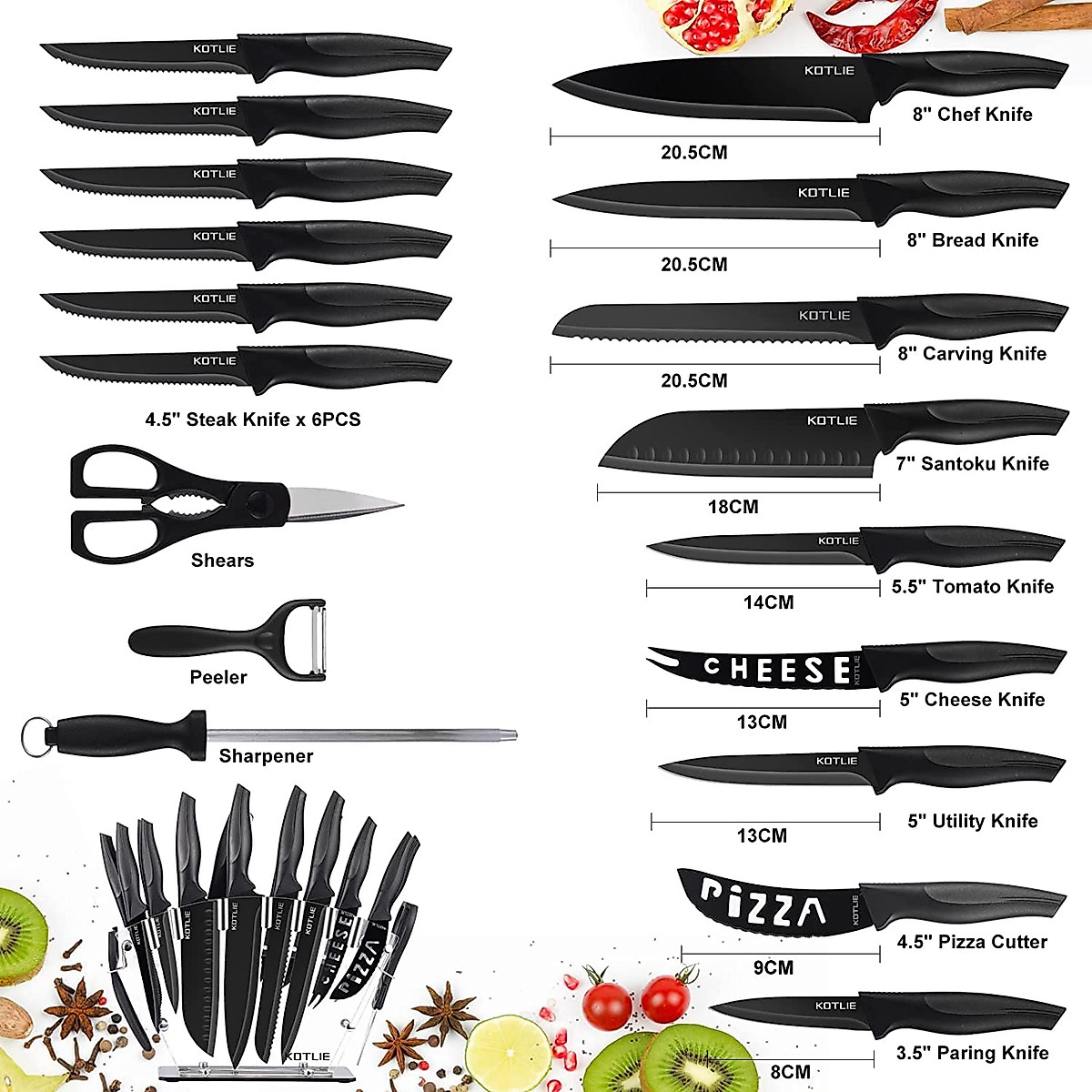 Kitchen Knife Set, KOTLIE 19-Pieces Dishwasher Safe Knife Set with Acrylic Stand, High Carbon Stainless Steel Chef Knife Set with Scissors, 6x Serrated Steak Knives, Peeler and Knife Sharpener