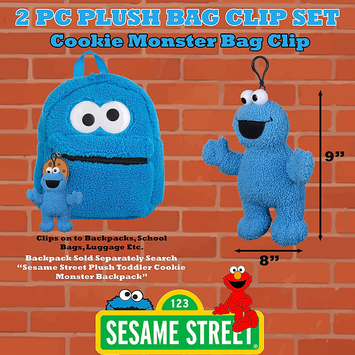 Sesame Street Elmo & Cookie Monster Plush 8" Bag Clip Set,Toys for Kids, Toddler, & Preschoolers, 2 Pc