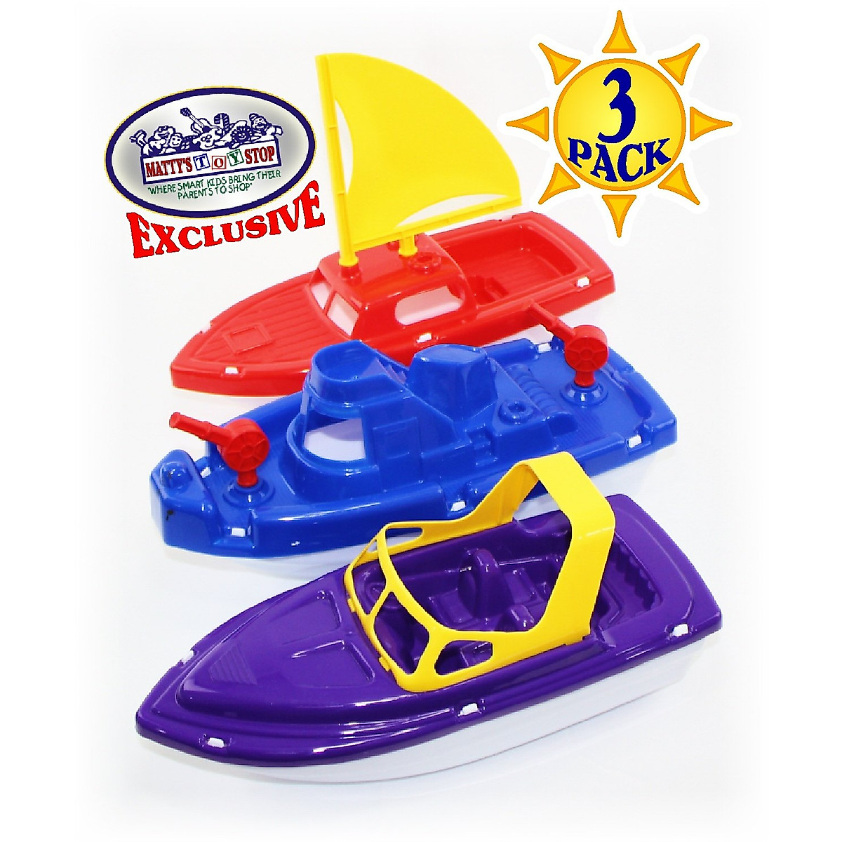 Matty's Toy Stop Plastic Boats Set Sailboat (Red), Speedboat (Purple) & Fireboat (Blue) Gift Set Bundle, Perfect Bath, Pool, Beach Etc. - 3 Pack