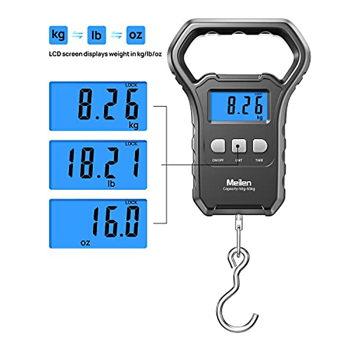 Fish Scale, Meilen 110lb/50kg Luggage Scale Hanging Scale Fishing Scale with Backlit LCD Display, Luggage Scales for Suitcase with Large Handle, Digital Postal Scale Fishing Gifts for Men