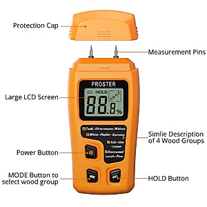 Proster Wood Moisture Meter - Digital Moisture Detector Moisture Tester, Pin-Type Water Leak Detector Damp Tester for Wood Firewood Paper Floor