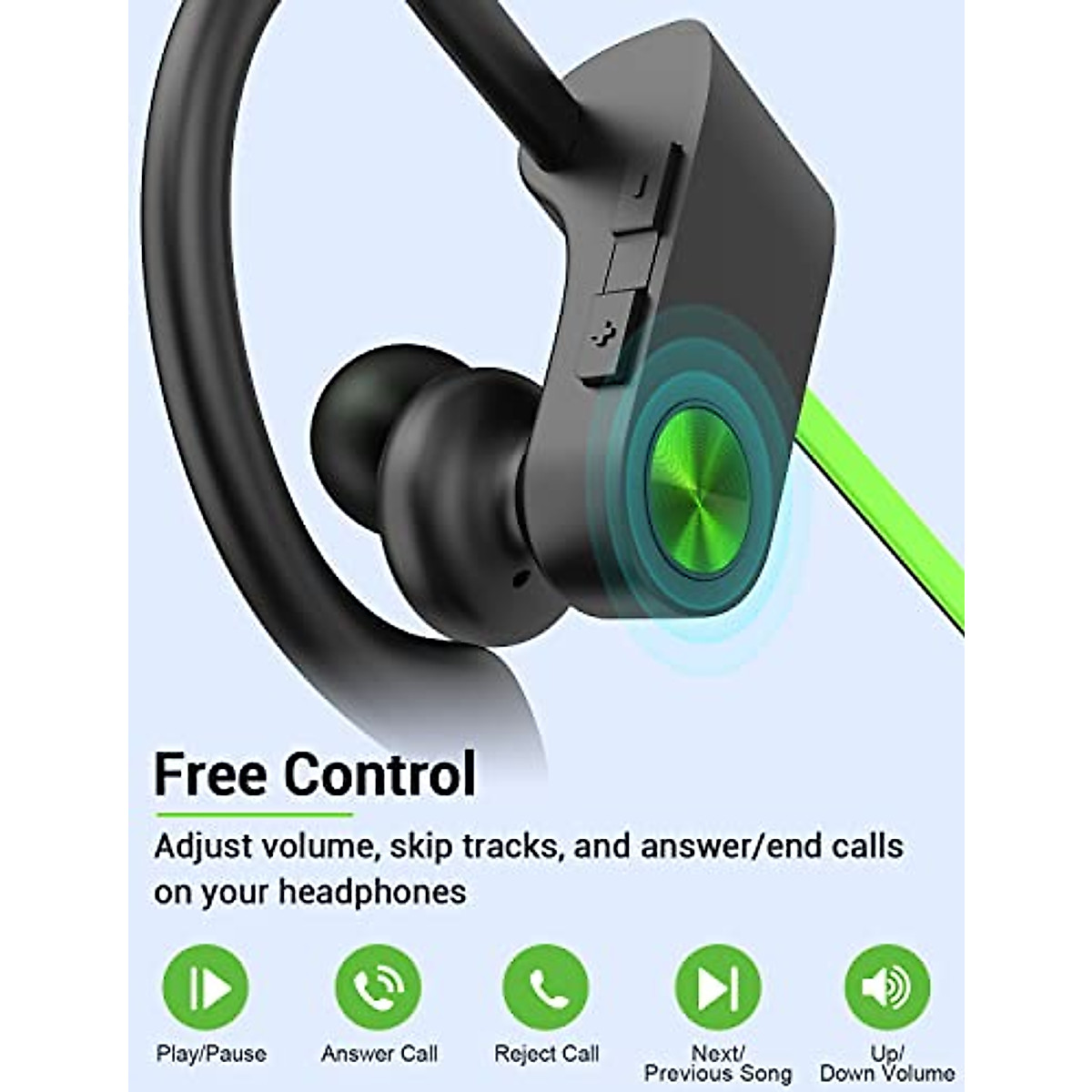 Stiive Bluetooth Headphones, Wireless Sports Earbuds IPX7 Waterproof with Mic, Stereo Sweatproof in-Ear Earphones, Noise Cancelling Headsets for Gym Running Workout, 15 Hours Playtime - GreenBlack