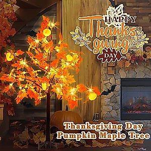 4 Ft Lighted Prelit Maple Tree Fall Decor 42 Warm White LEDs with 6 Pumpkin Lights Timer 8 Modes Remote Control Home Indoor Outdoor Autumn Thanksgiving Decorations Artificial Tree Harvest Halloween