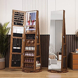 HNEBC LED Light Jewelry Organizer Mirror 360°Rotating, Armoire with Door Mirror, Full Length Cabinet Storage, Large Boxes & Organizers（A Light Brown）