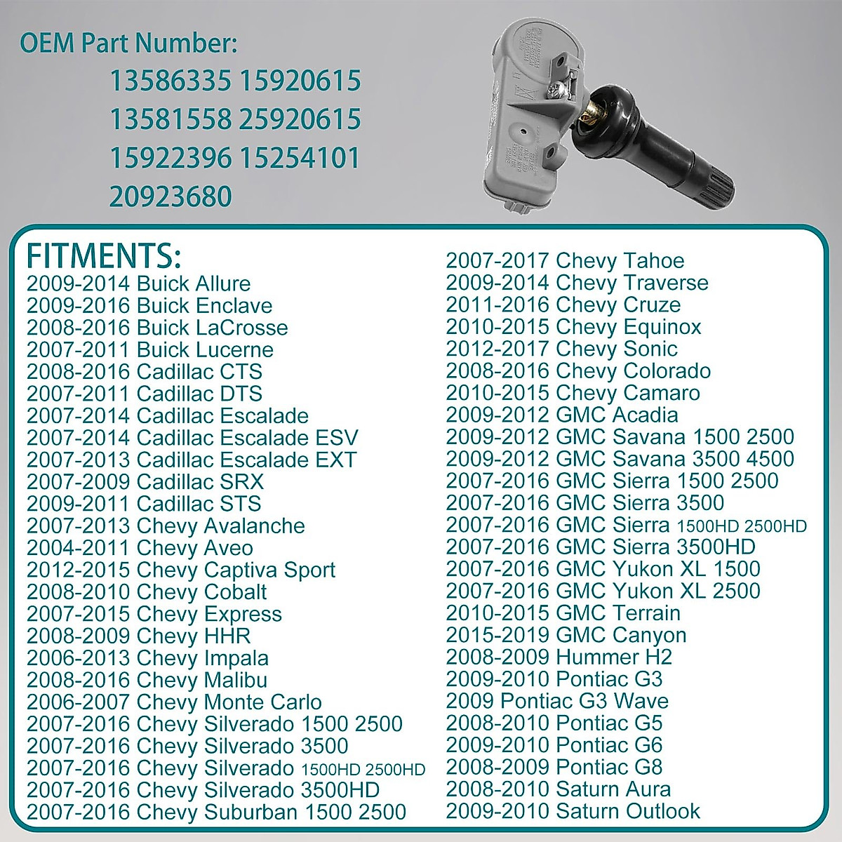 Tire Pressure Sensor 315MHz TPMS Snap-in 4Pcs Compatible with Chevy GMC Cadillac Buick & More Replaces# 13586335, 13581558, 15922396