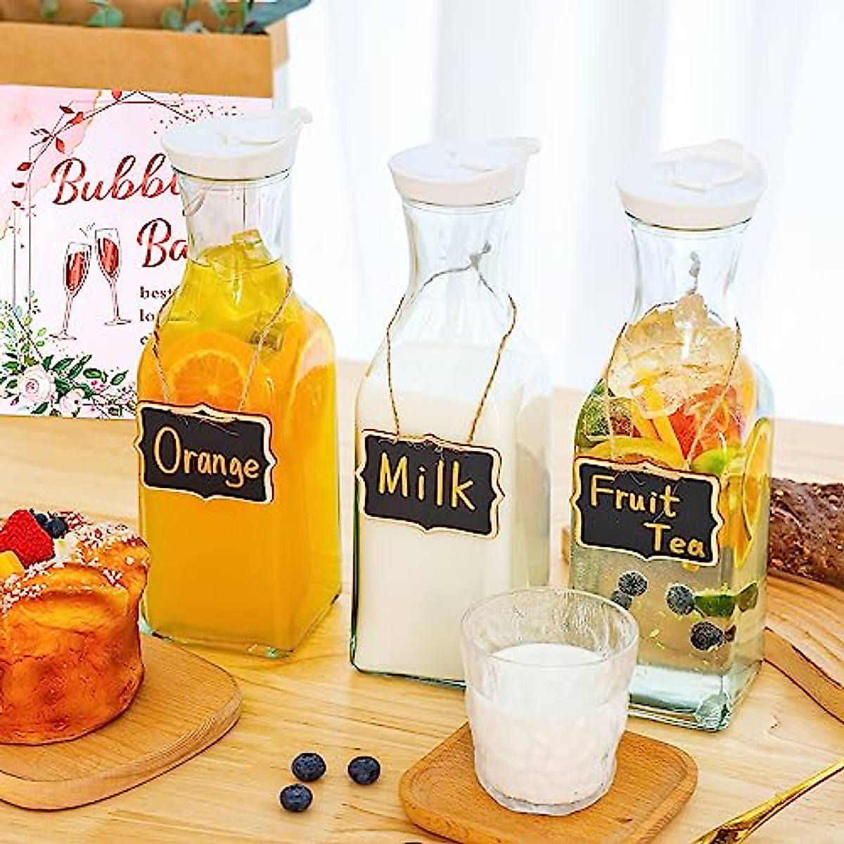 CUCUMI 3pcs 50oz Glass Carafe with Lids, 1.5 Liter Glass Water Pitcher Juice Containers Beverage Jugs for Mimosa Bar, Iced Tea, Cold Beverage, Milk