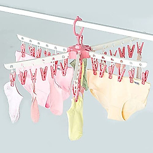 Radefaun Clip and Drip Hanger with 36 Clips Plastic Swivel Hook Portable Folding Drying Rack Baby Clothes Hanger Foldable Travel Accessories for Socks Bras Lingerie Towels Underwear Gloves Pink