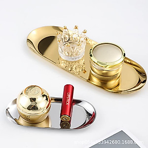 1 Pcs Gold Trinket Tray Oval Stainless Steel Small Serving Trays Towel Storage Dish Plate Tea Fruit Trays Jewelry Plate Decorative Storage Tray (Gold 1pcs, 9 x 3.8 Inch)