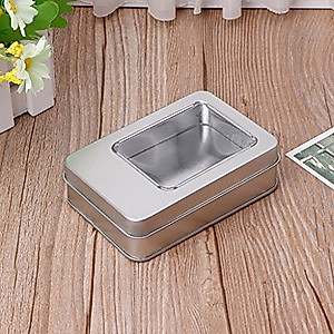 HELYZQ Rectangular Tin Silver Storage Box Case Organizer with Half Clear Window Lid